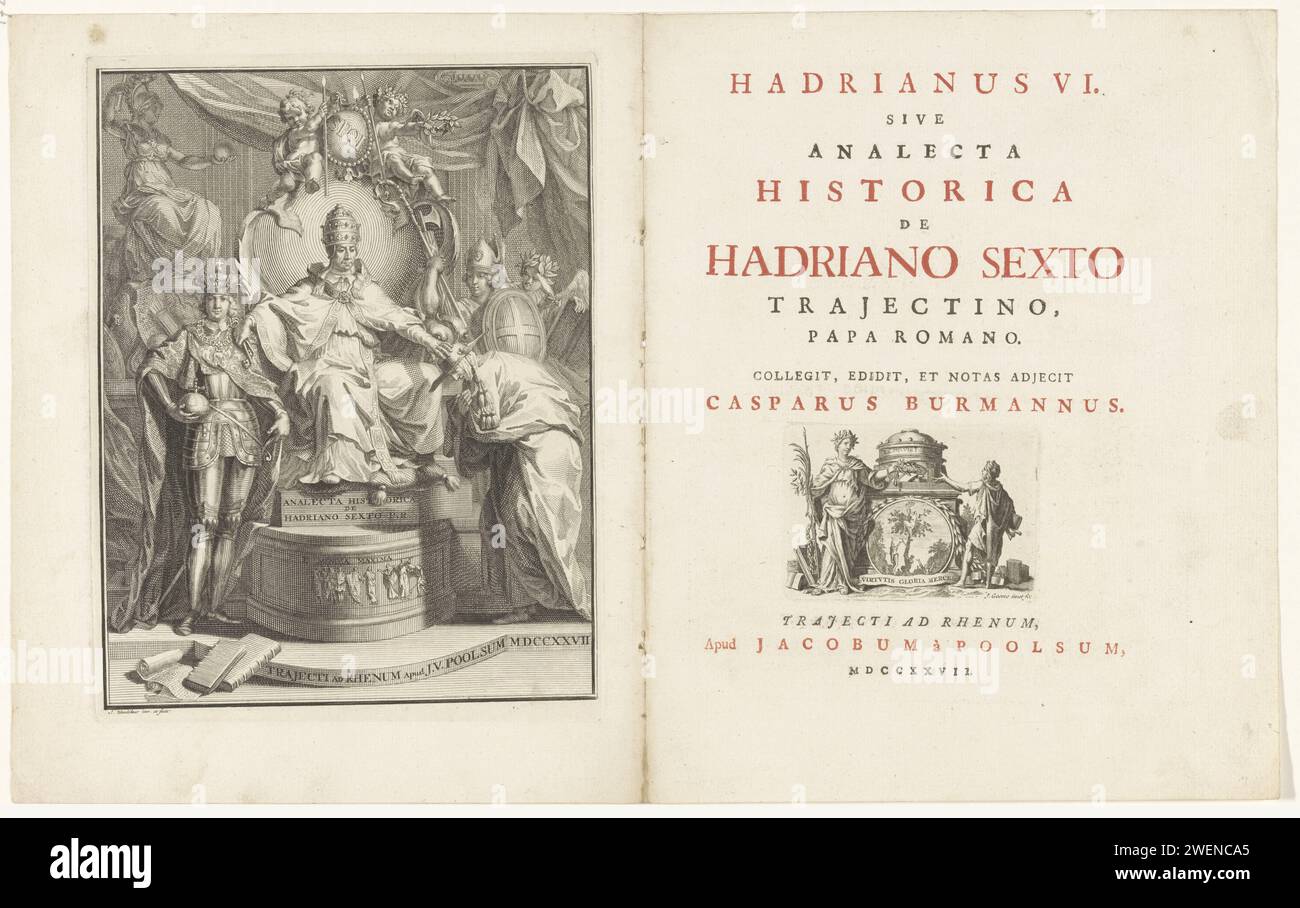 Troning Paus Adrianus VI, 1727 print Two prints on a leaf. Left: In the ...