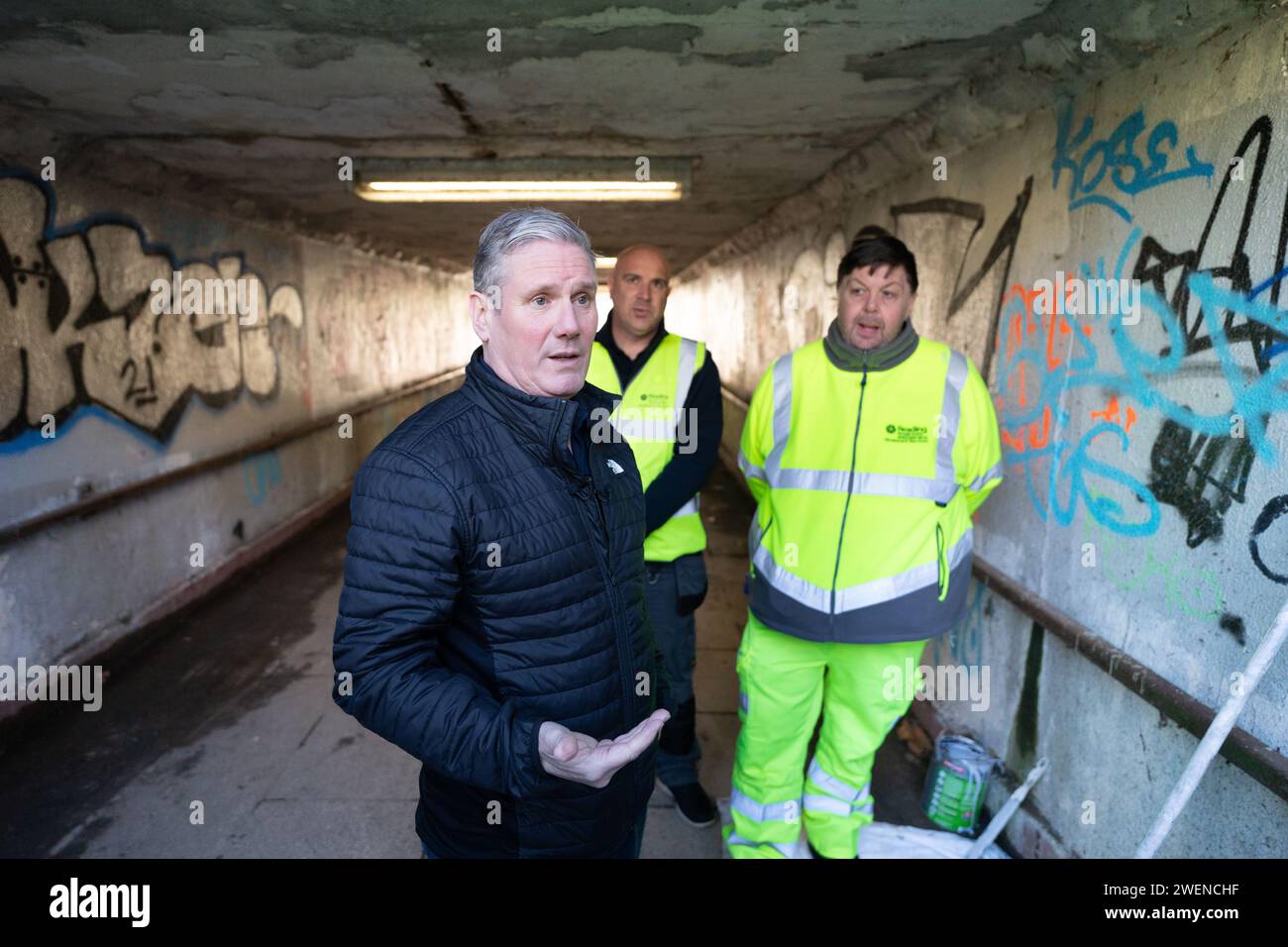 Labour leader Sir Keir Starmer meets cleaners tackling graffiti in an ...