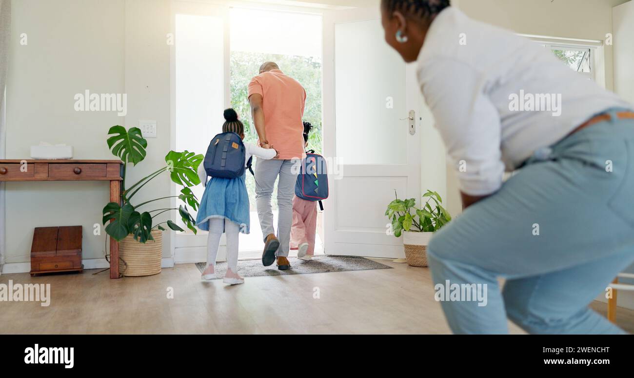 Black family, mother and wave at kids going to school with love, care ...