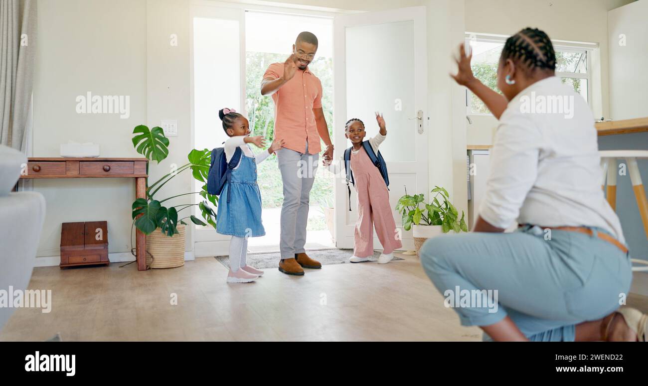 Black family, mother and wave at kids going to school with love, care ...