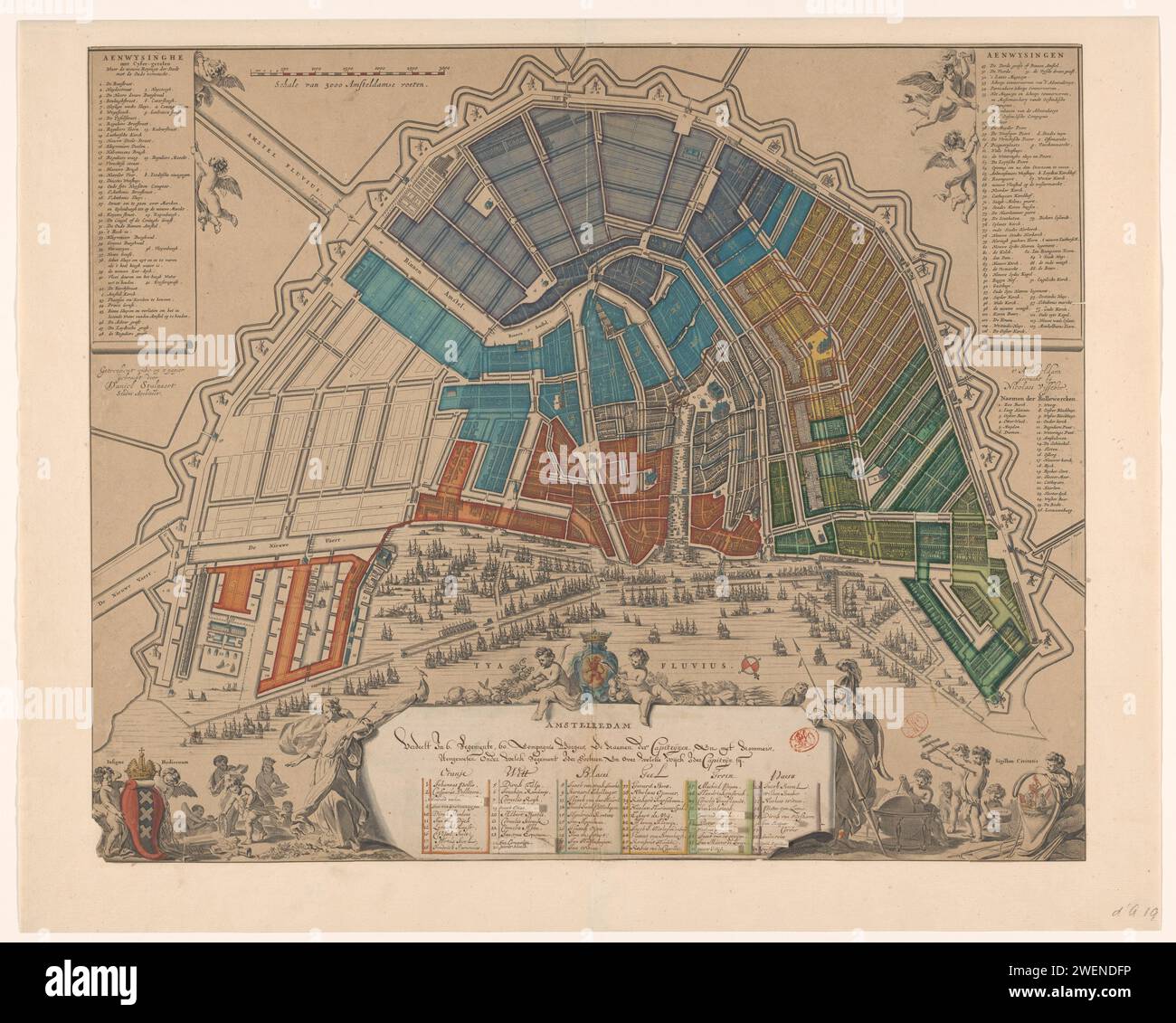 Map of Amsterdam with division into regiments and civil neighborhoods, Pieter Hendricksz. Schut ...