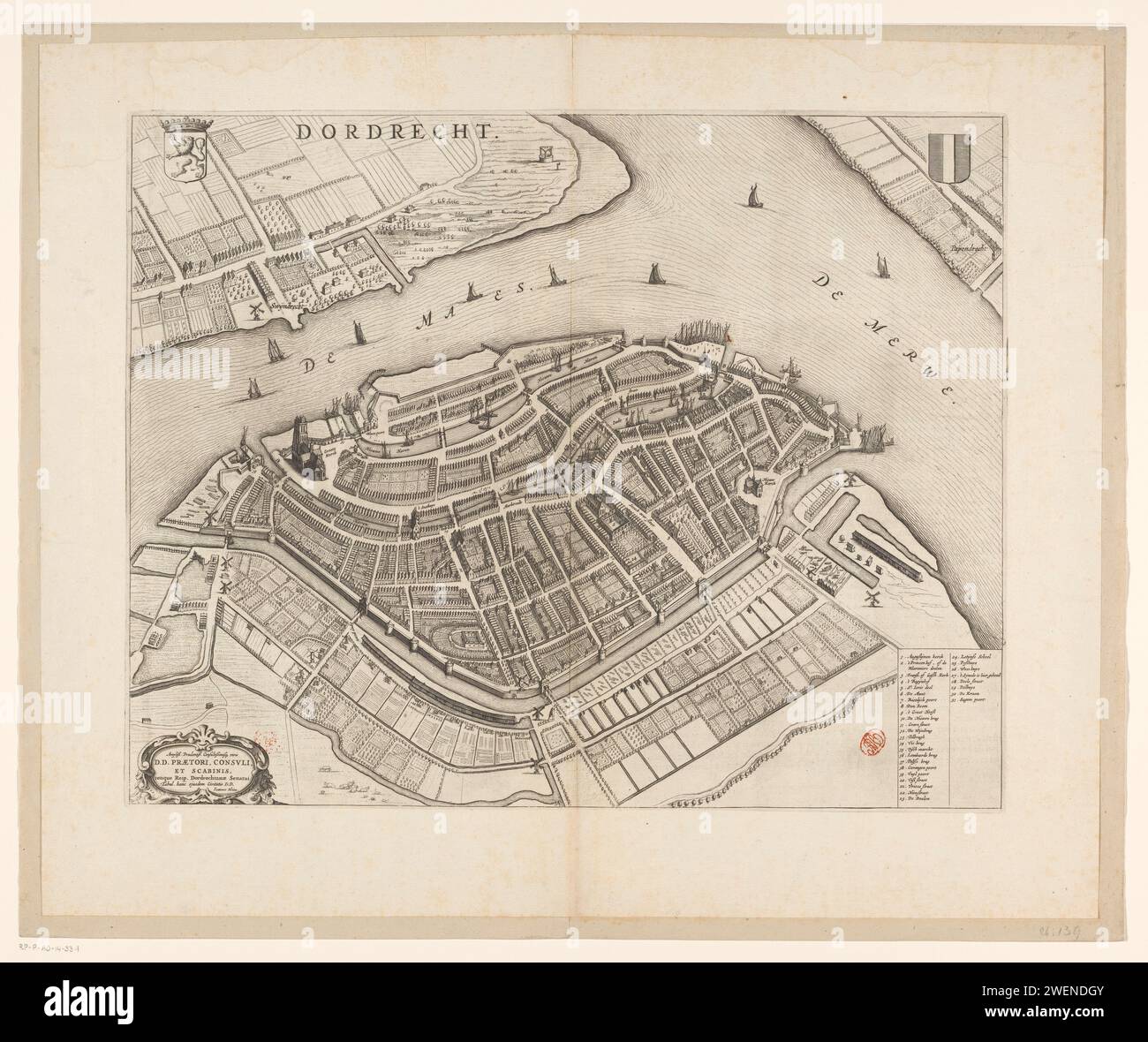 Map of Dordrecht, Anonymous, 1652 print Map in a nutshell perspective. At the top left the Wapen ...
