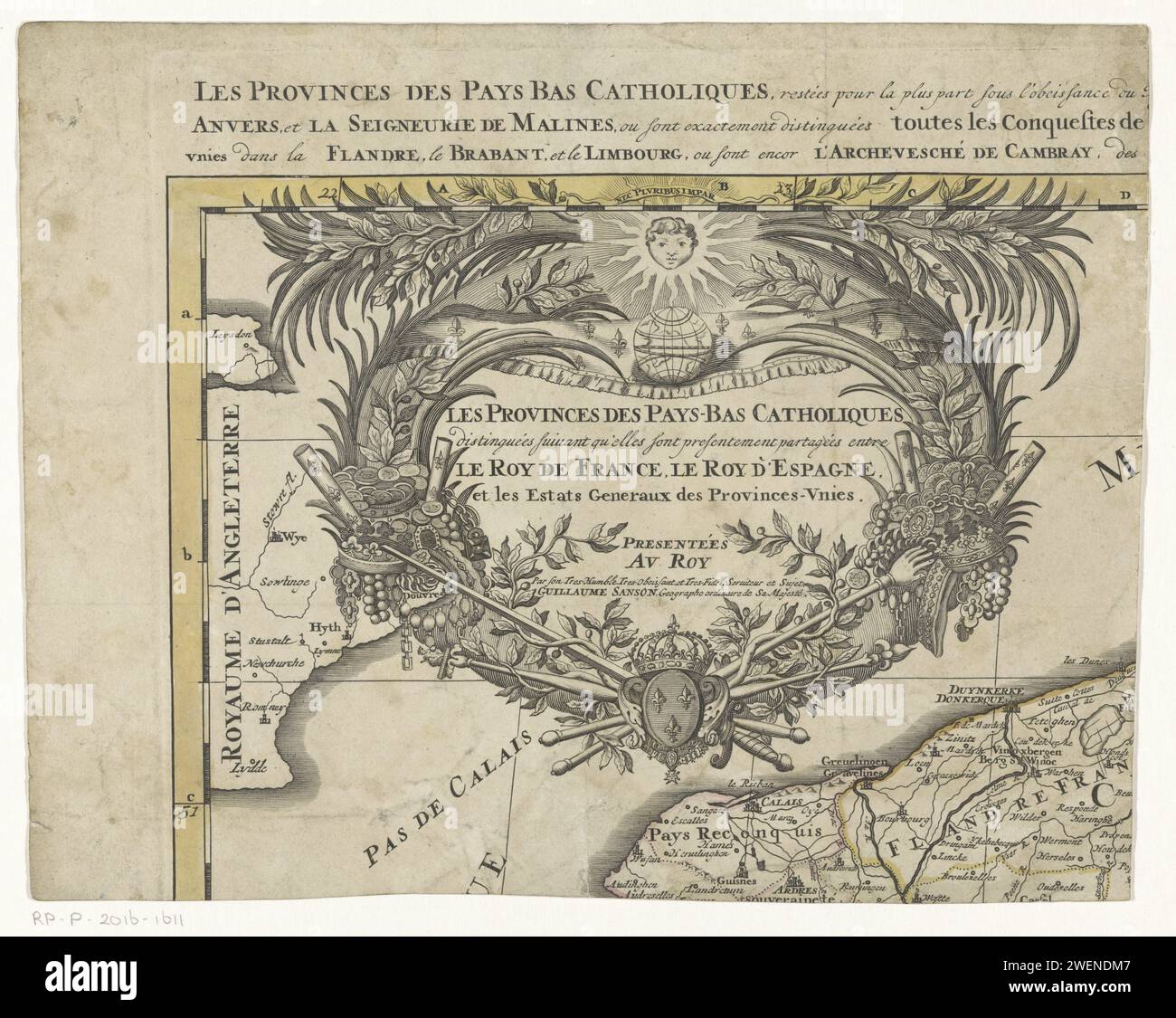 Cartouche with sun, globe and coat of arms of France, Anonymous, 1672 ...