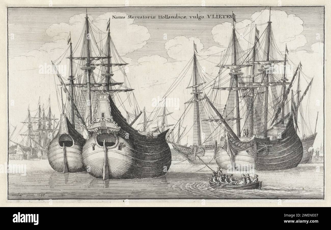 Dutch flute ships, Wencslaus Hollar, 1647 print paper etching sailing ...