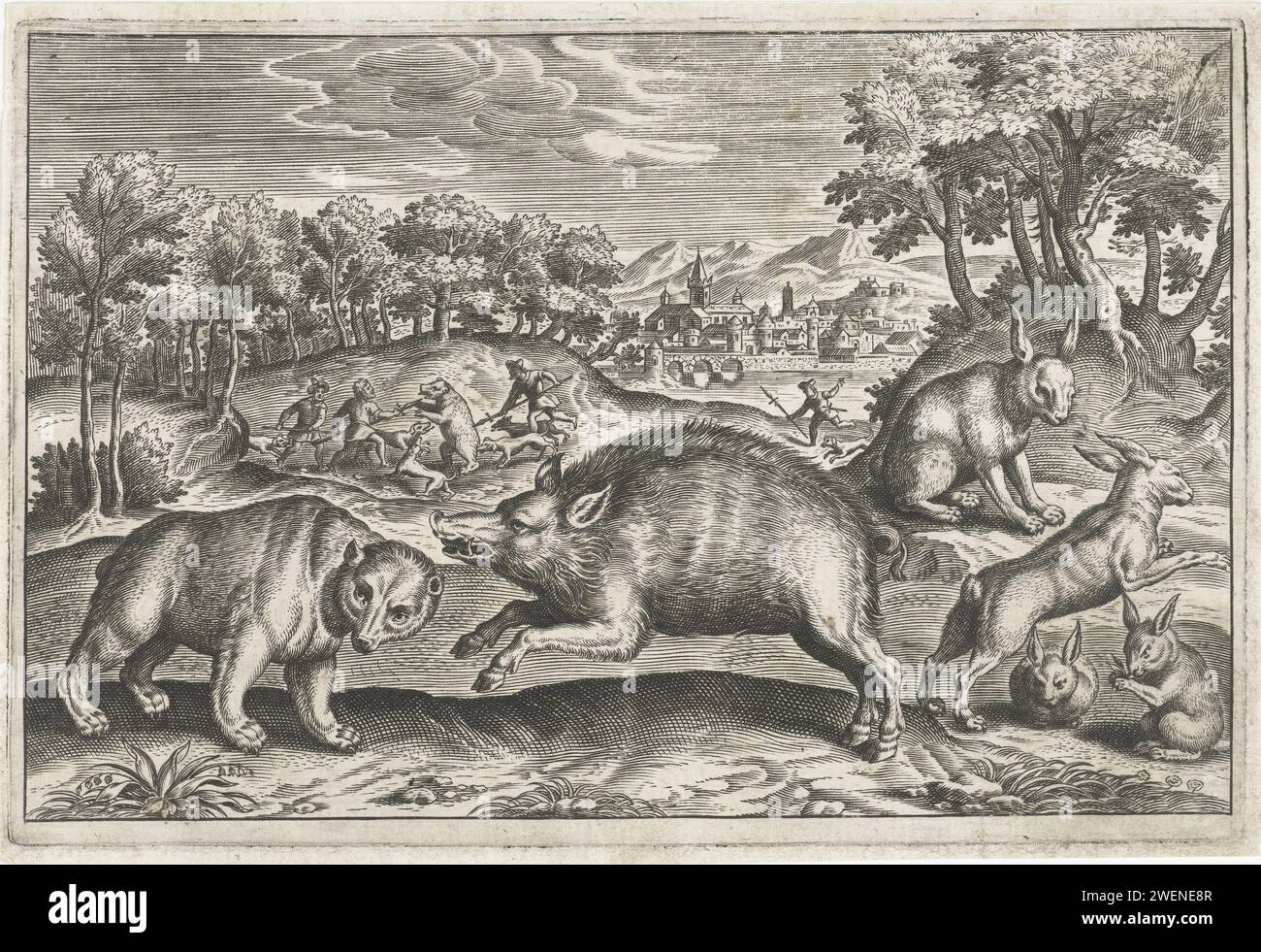 Jachtwild, Anonymous, After Adriaen Collaert, 1595 - 1652 print A bear ...