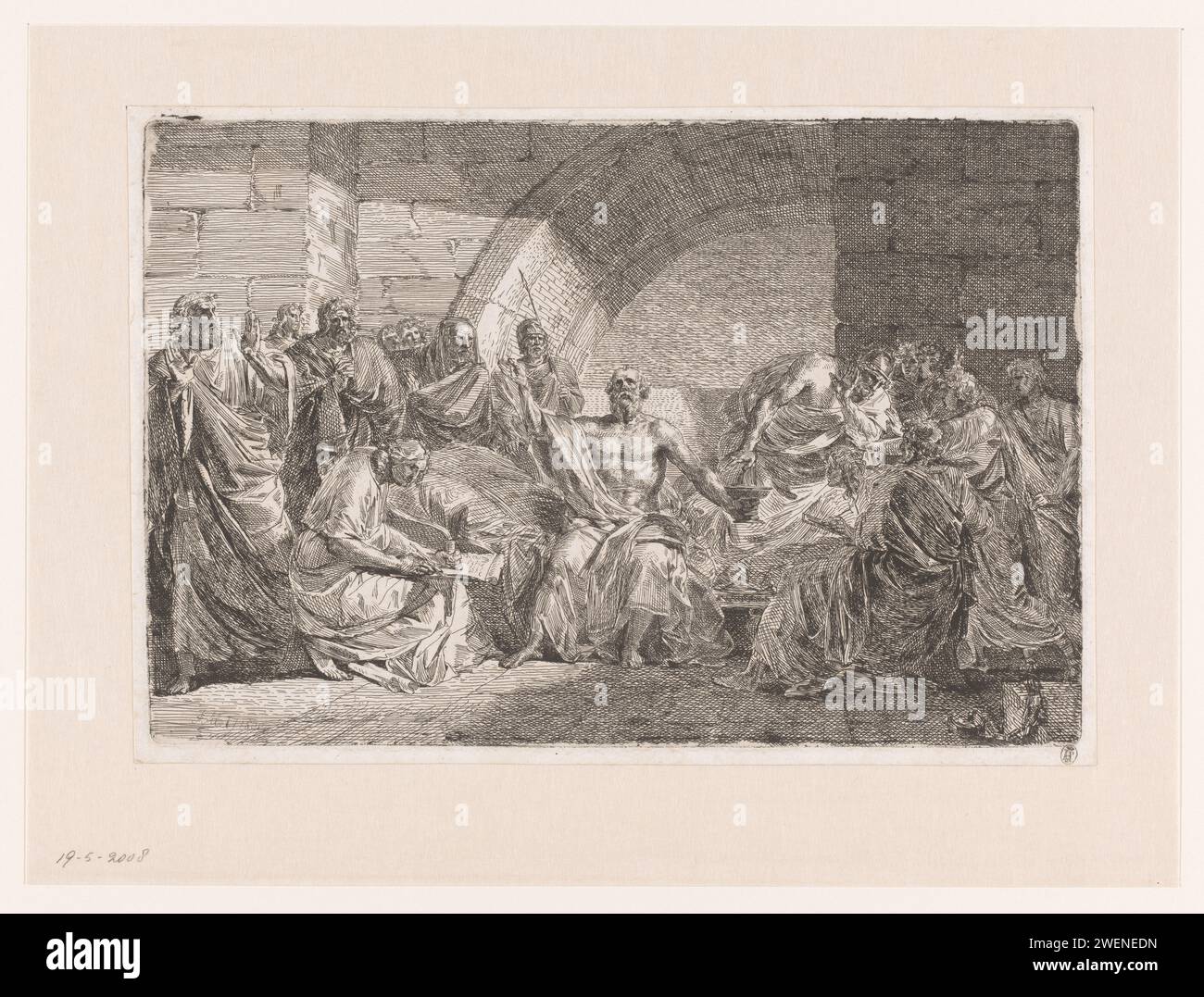Socrates dictates his will, 1800 print In a stone vault, Socrates, in ...