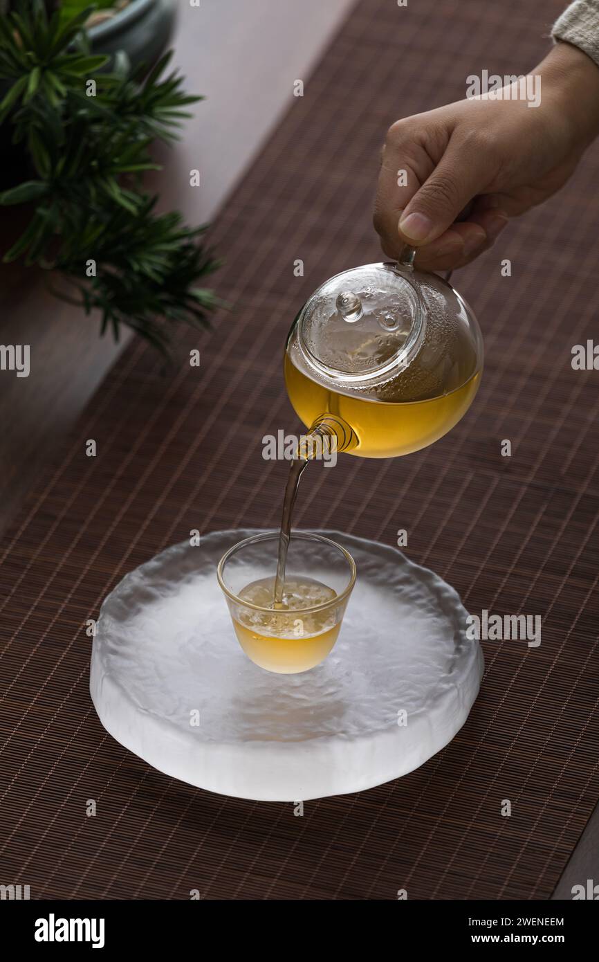 Image of tea set, person making Asian-style tea, tea cup and teapot ...