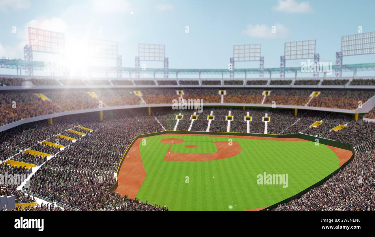 Aerial view of empty baseball arena with fan zone, tribune filled with ...