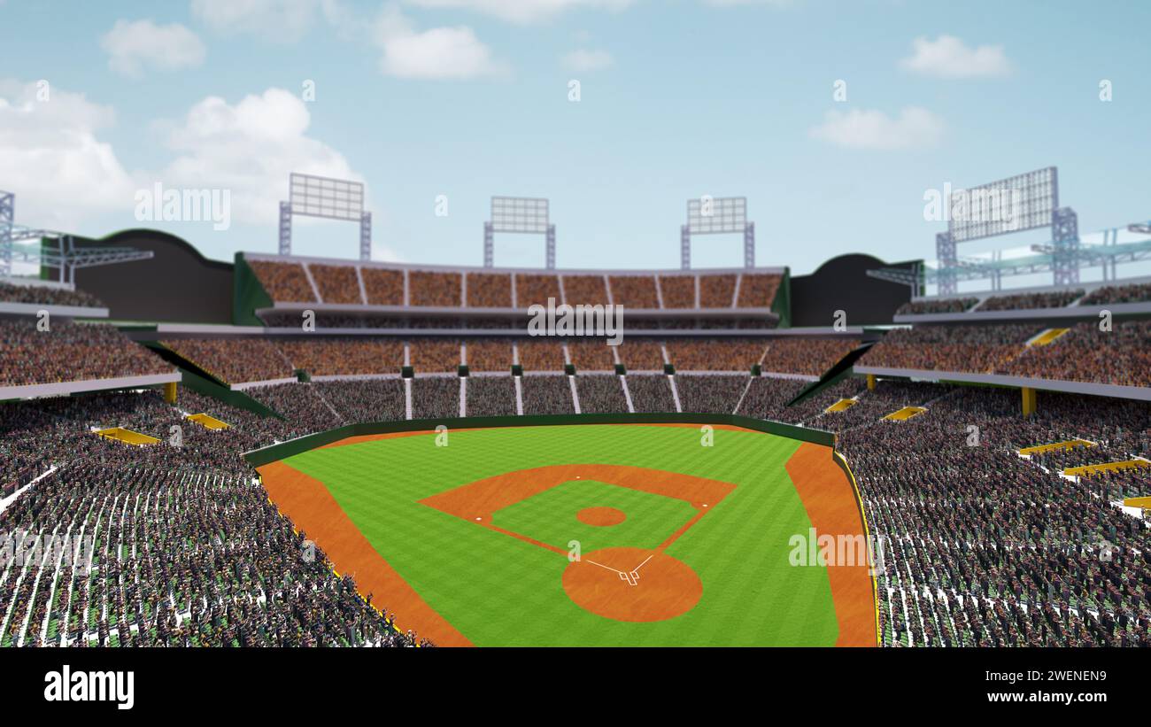 Aerial view of empty baseball stadium with fan zone, tribune filled ...