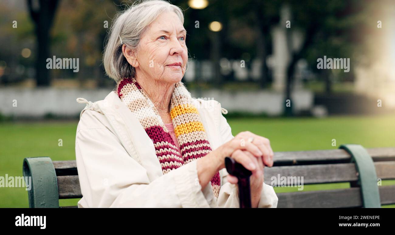 Relax, thinking and a senior woman at the park for summer, ideas or ...