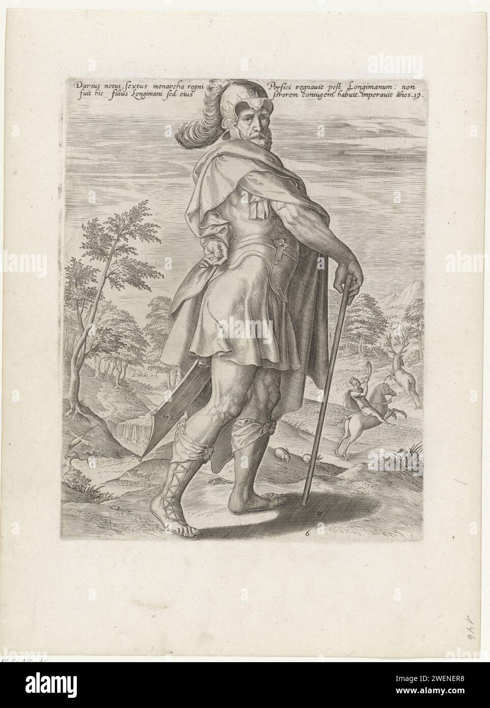 Koning Darius II, anonymous, 1585 print King Darius II of Persia standing with a stick in his ...