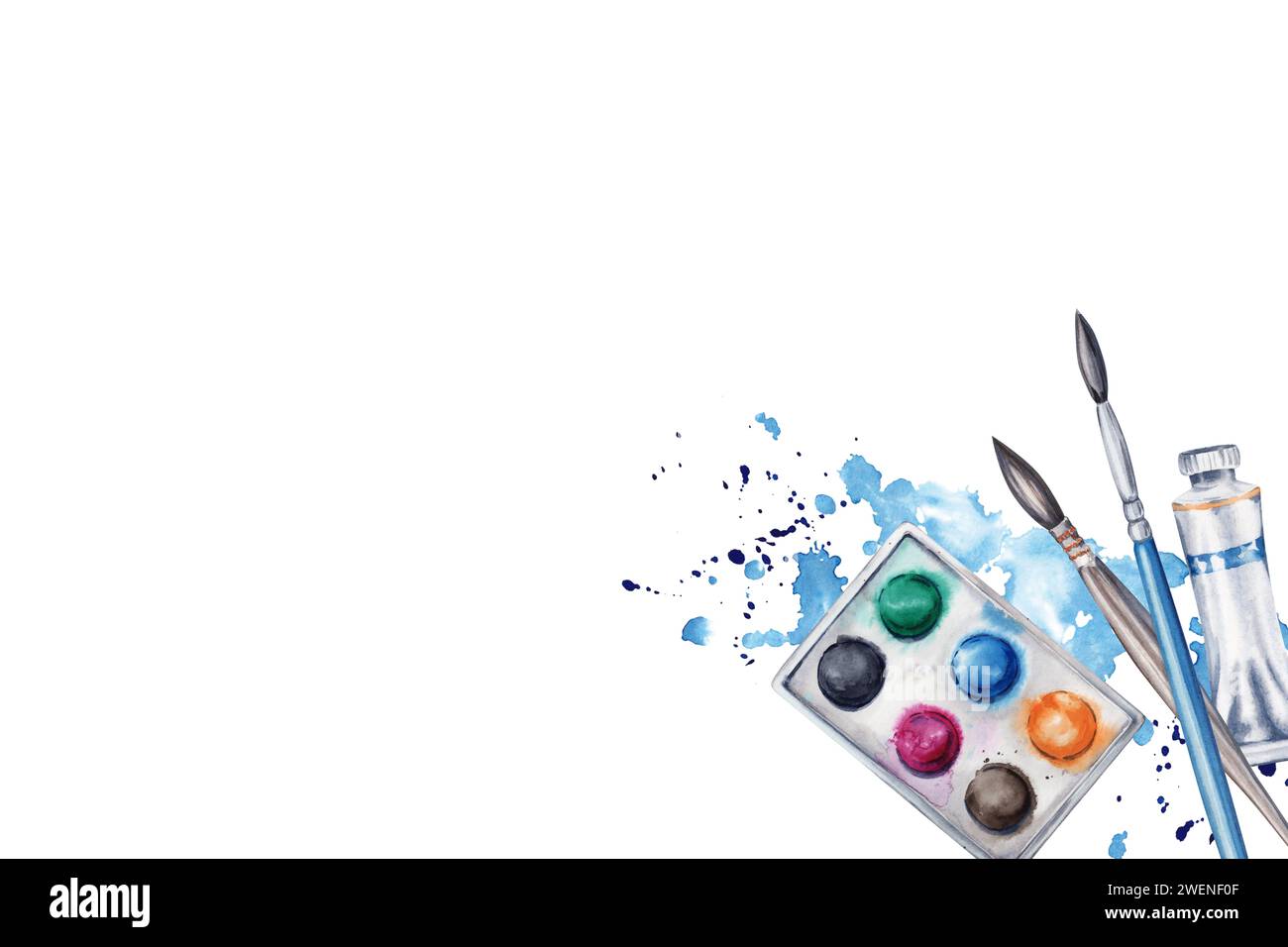 Card design with Artistic Brush, Paint set and blue splashes ...