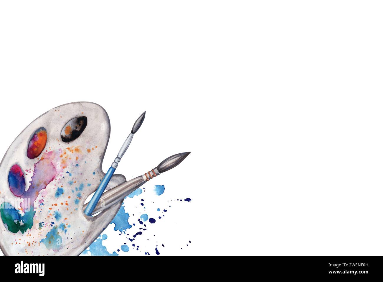Card design with Artistic Brushes, Palette and blue splashes ...