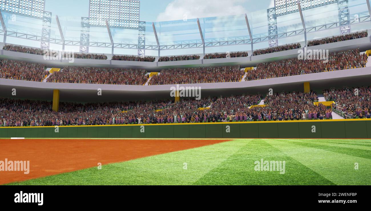 Wide-angle view of a crowded stadium with vibrant green field. 3D ...