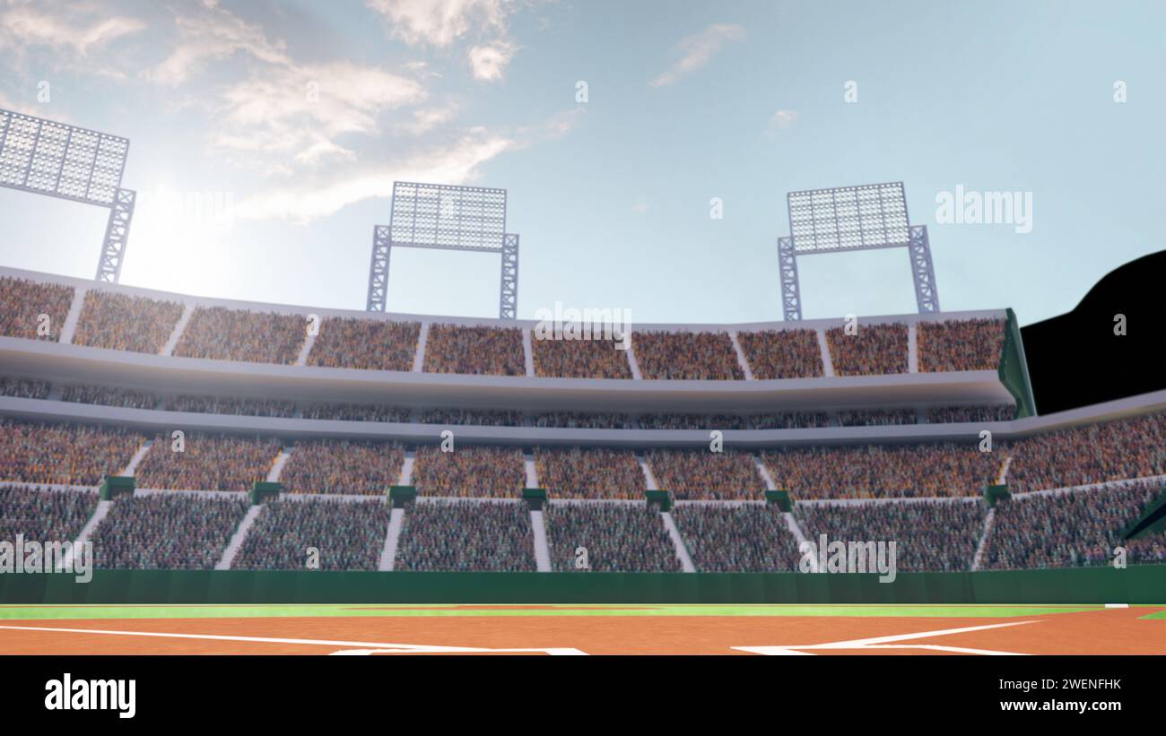 Grand baseball stadium, open air field with fan tribune on daytime. 3D ...