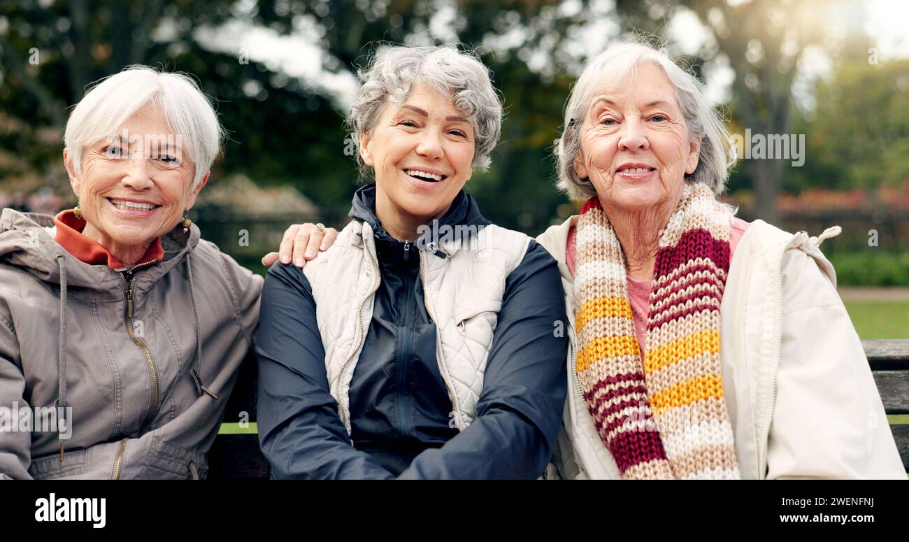 Senior, women and friends laugh in park with face and retirement smile ...