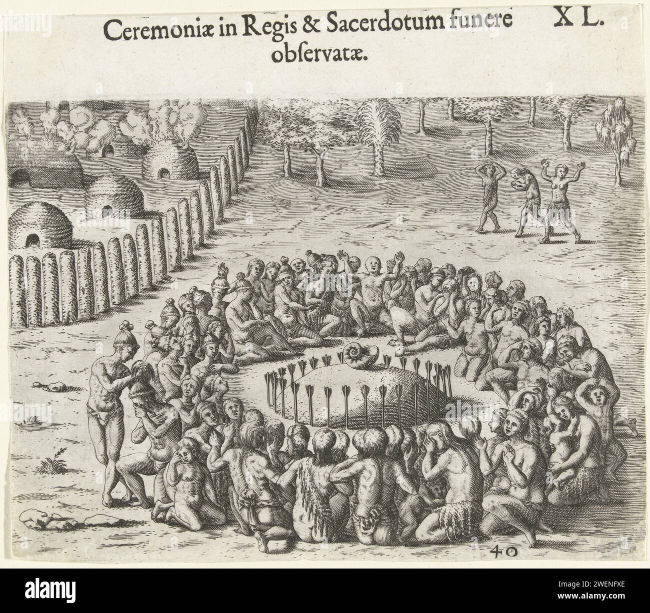 Funeral ritual for a king, Theodor de Bry, after, 1591 print The grave ...