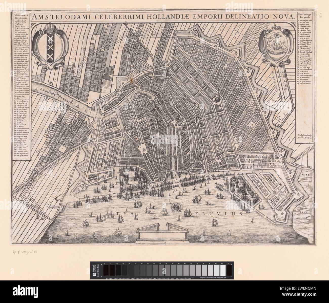 Map of Amsterdam, Anonymous, c. 1635 print On the left a legend 1-71. On the right a legend 72 ...