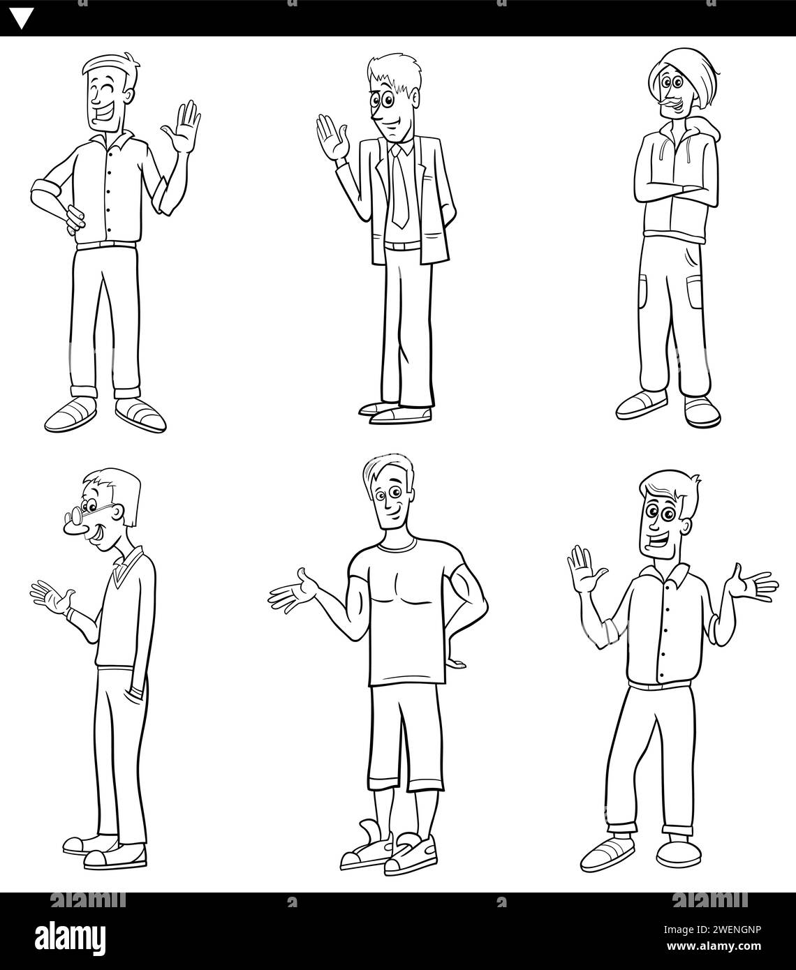 Black and white cartoon illustration of funny young men comic ...