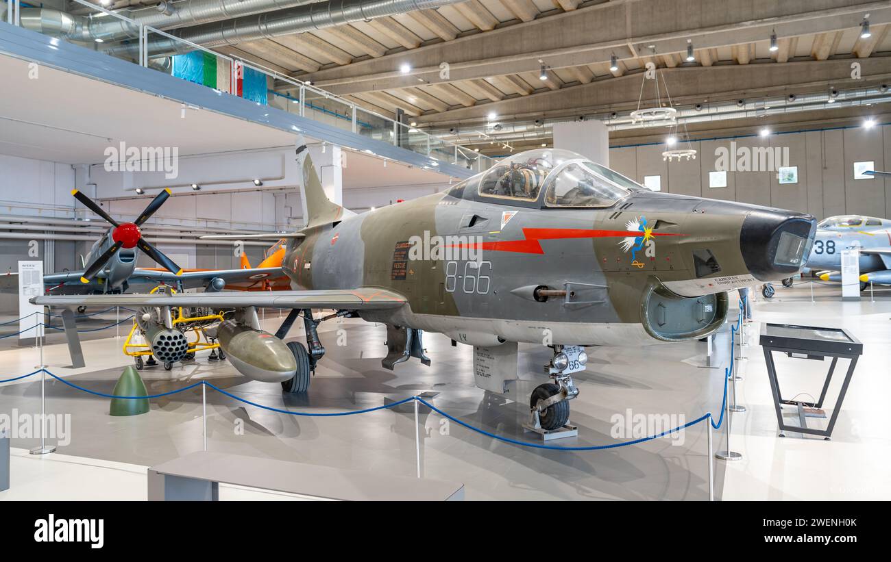 Model of vintage military air jet fighter in exhibition inside the ...