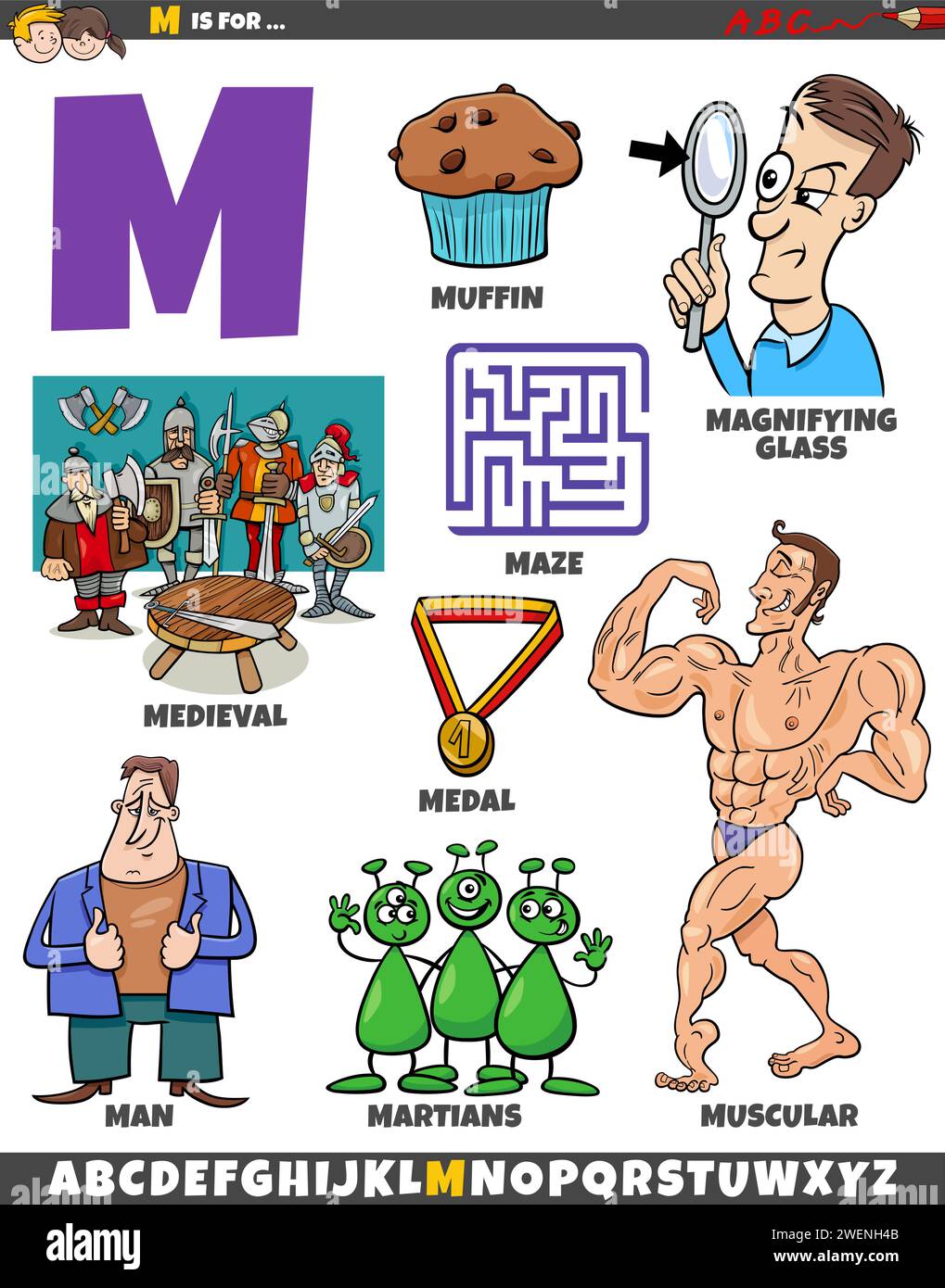 Cartoon illustration of objects and characters set for letter M Stock ...