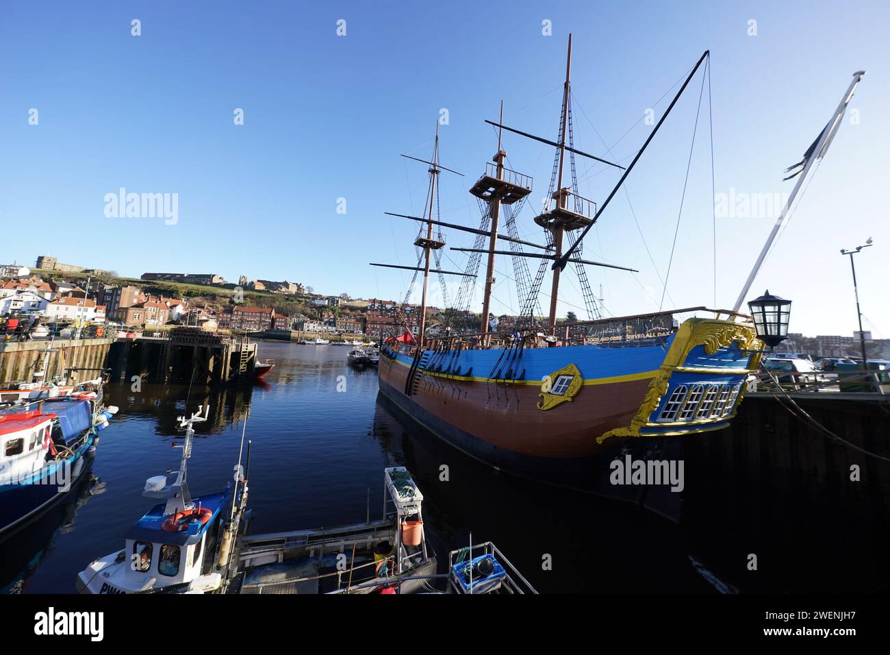A replica of Captain James Cook's HMS Endeavour moored in Whitby ...