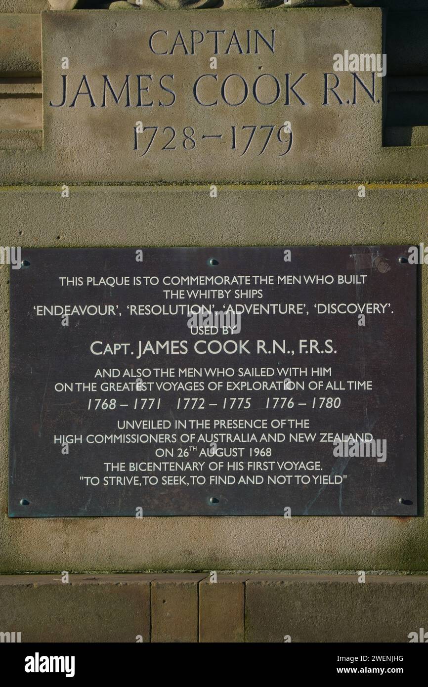 A plaque on the memorial statue for Captain James Cook in Whitby ...