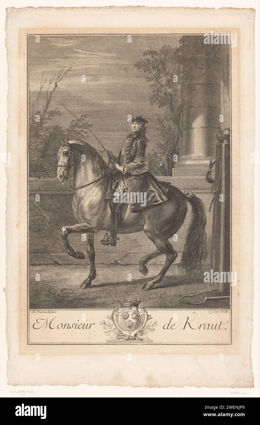 Equestrian portrait, 1733 print Portrait of a man on horseback, with a ...