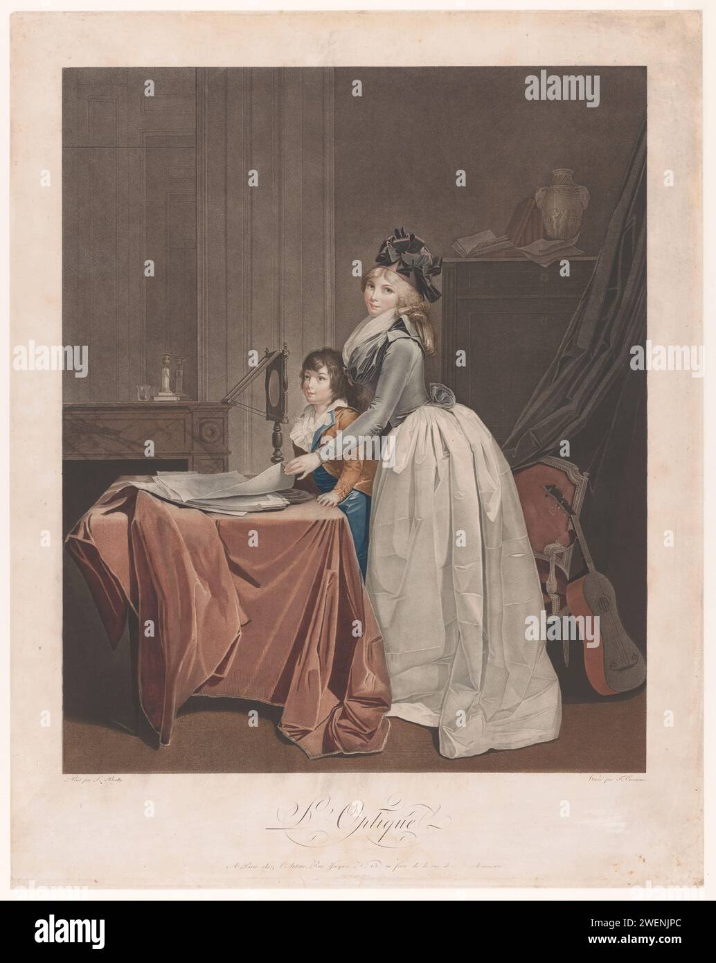 Portrait of Louise Sébastienne Danton with stepson behind an optics ...