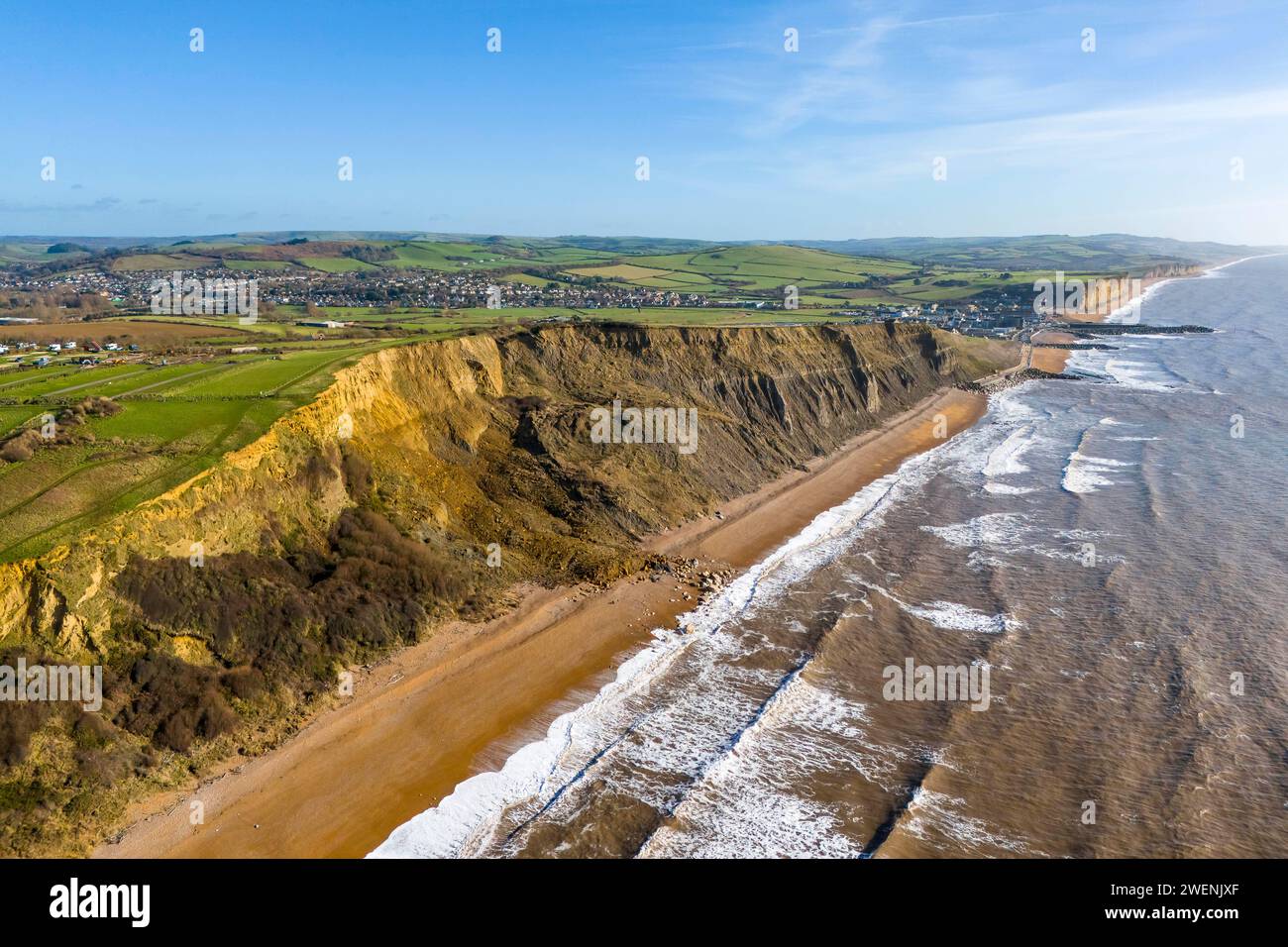 Eype, Dorset, UK. 26th January 2024. UK Weather. Aerial view looking ...
