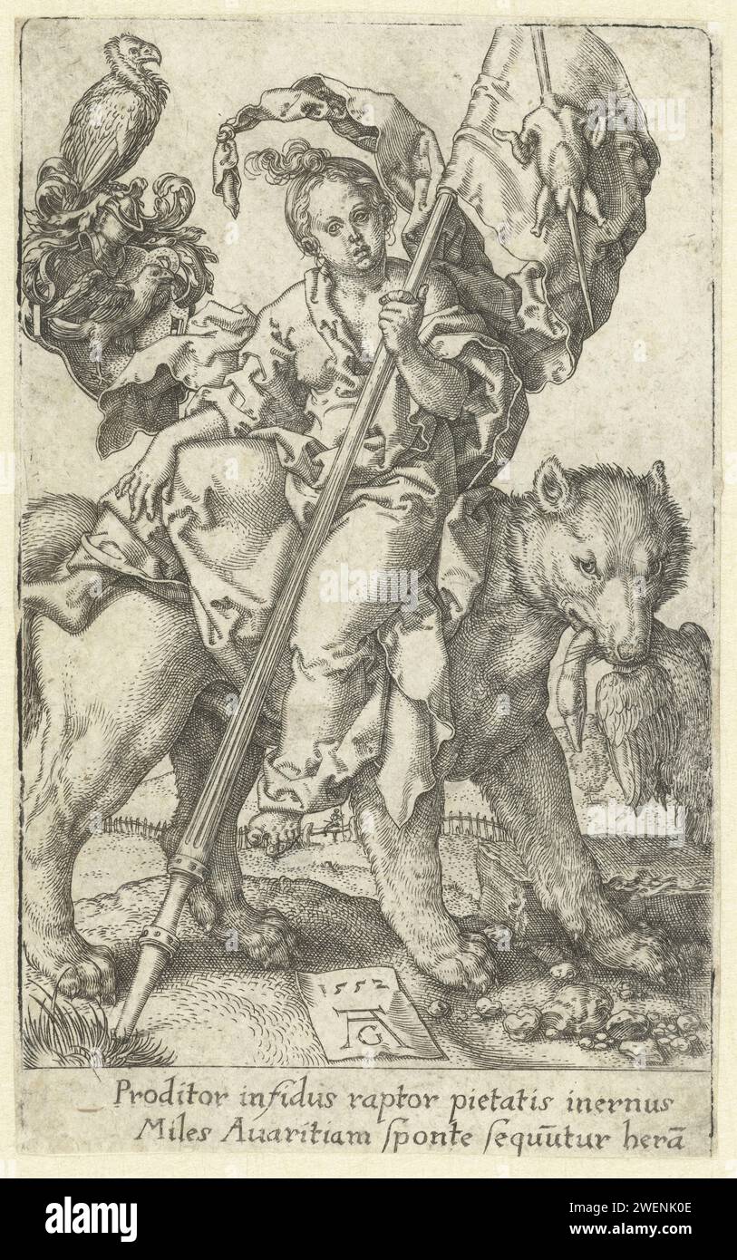 Greed, Heinrich Aldeglever, 1552 print Personification of greed. Woman ...
