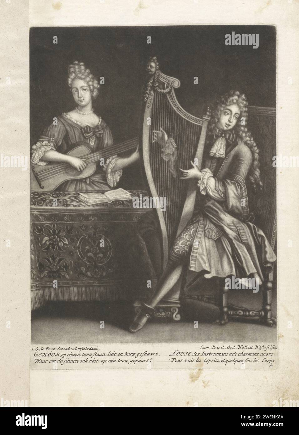 HOW, Jacob Gole, 1700 - 1724 print A musicianing couple, fashionably ...
