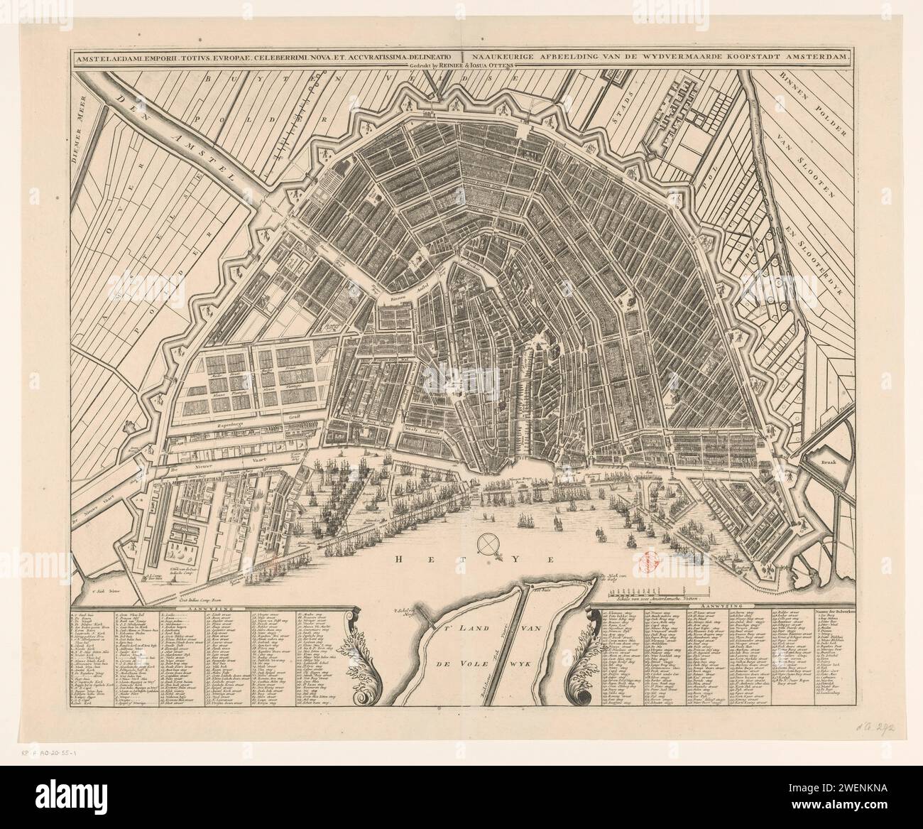 Map of Amsterdam, Anonymous, 1726 - 1750 print Map in a nutshell perspective. Along the top the ...