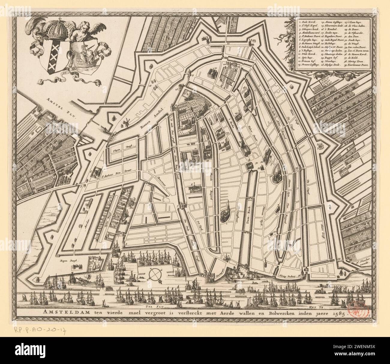 Map of Amsterdam, 1585, Pieter Hendricksz. Schut, 1662 - 1720 print Map of Amsterdam as it would ...