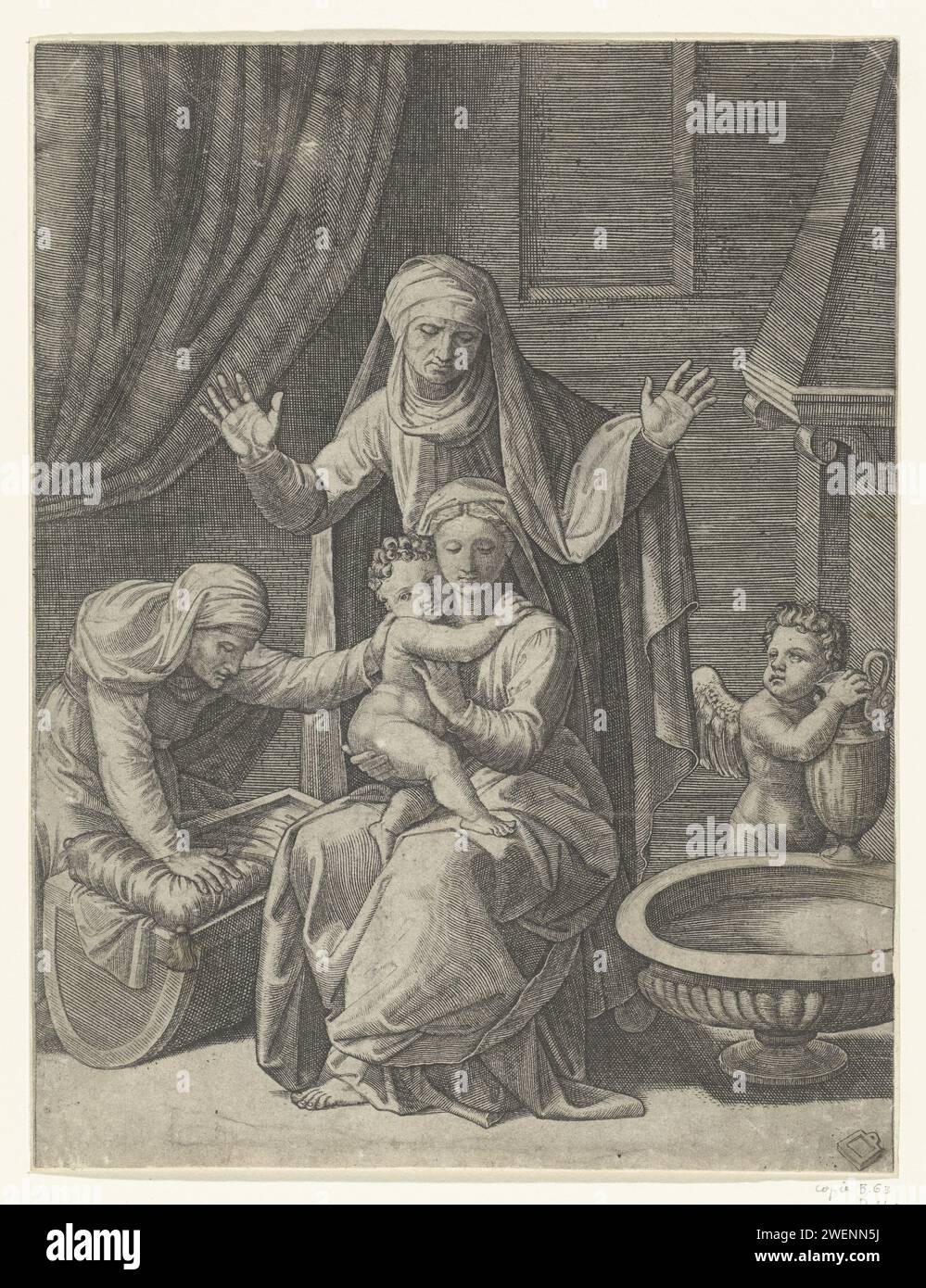 Mary with child and saints Anna and Elisabet at cradle and angel with ...