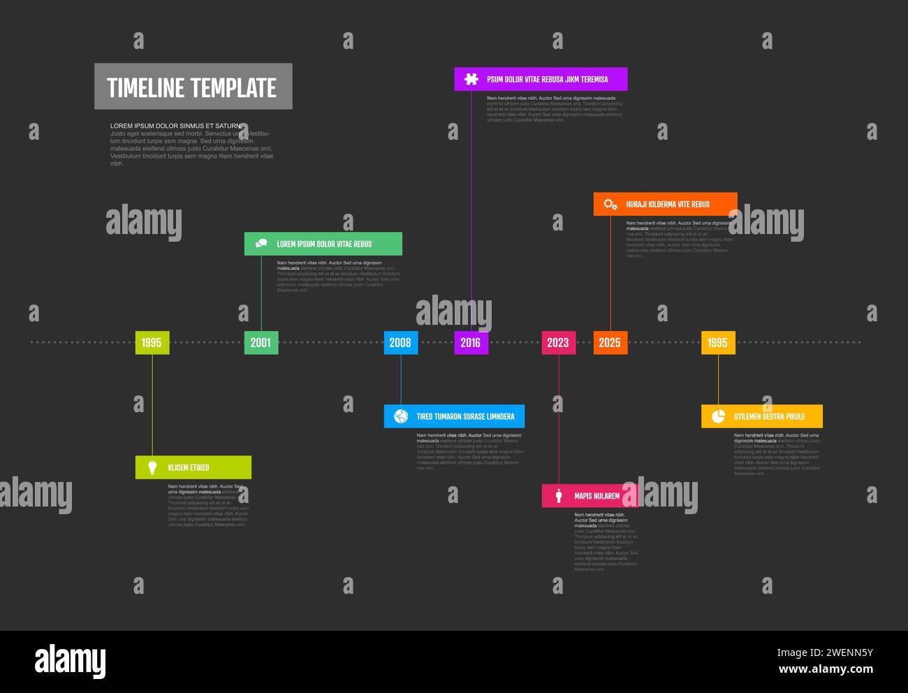 This timeline infographic template showcases a horizontal design, with ...