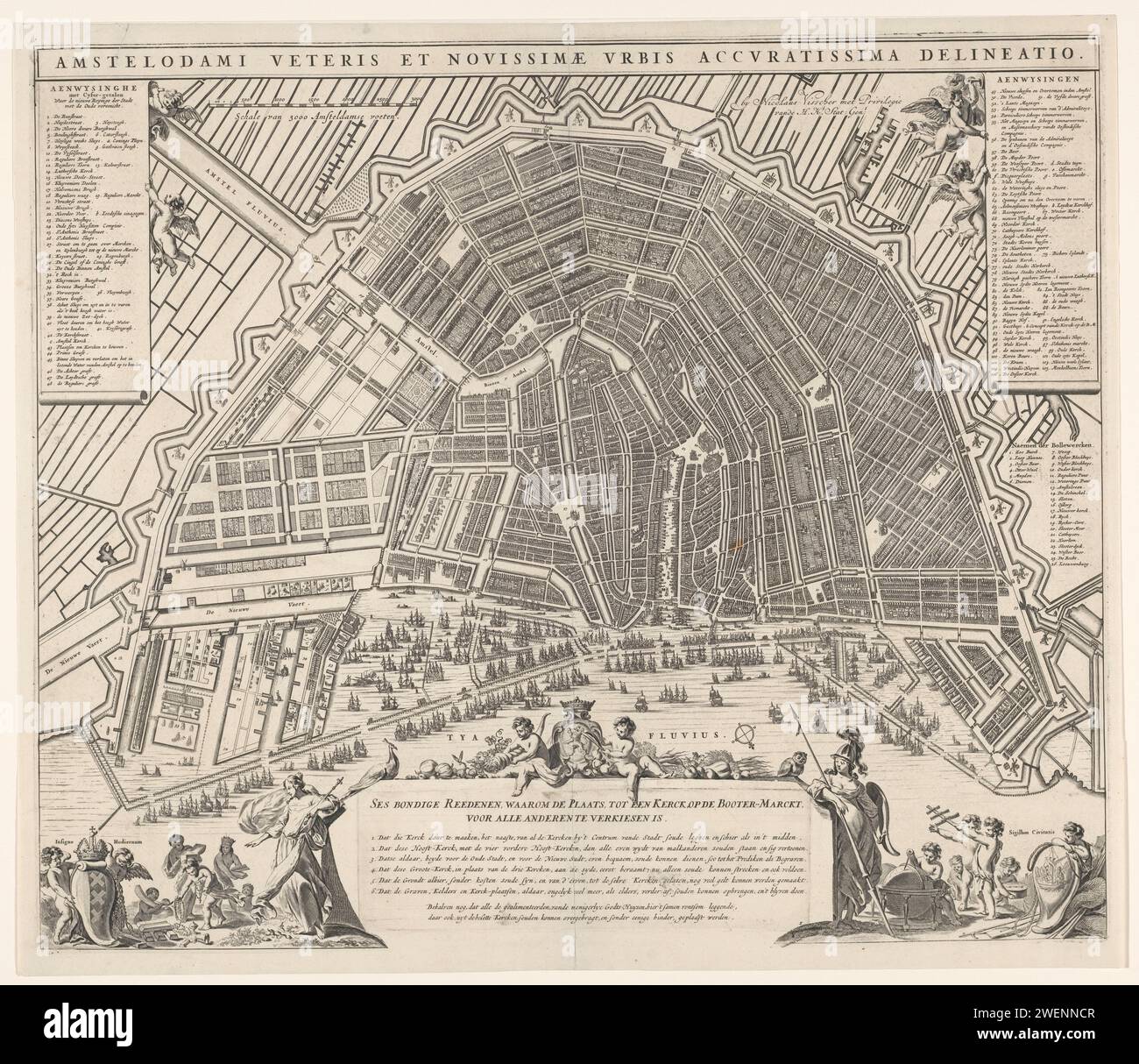 Map of Amsterdam with arguments for Bouw Nieuwe Kerk, Pieter Hendricksz. Schut (Possible), After ...