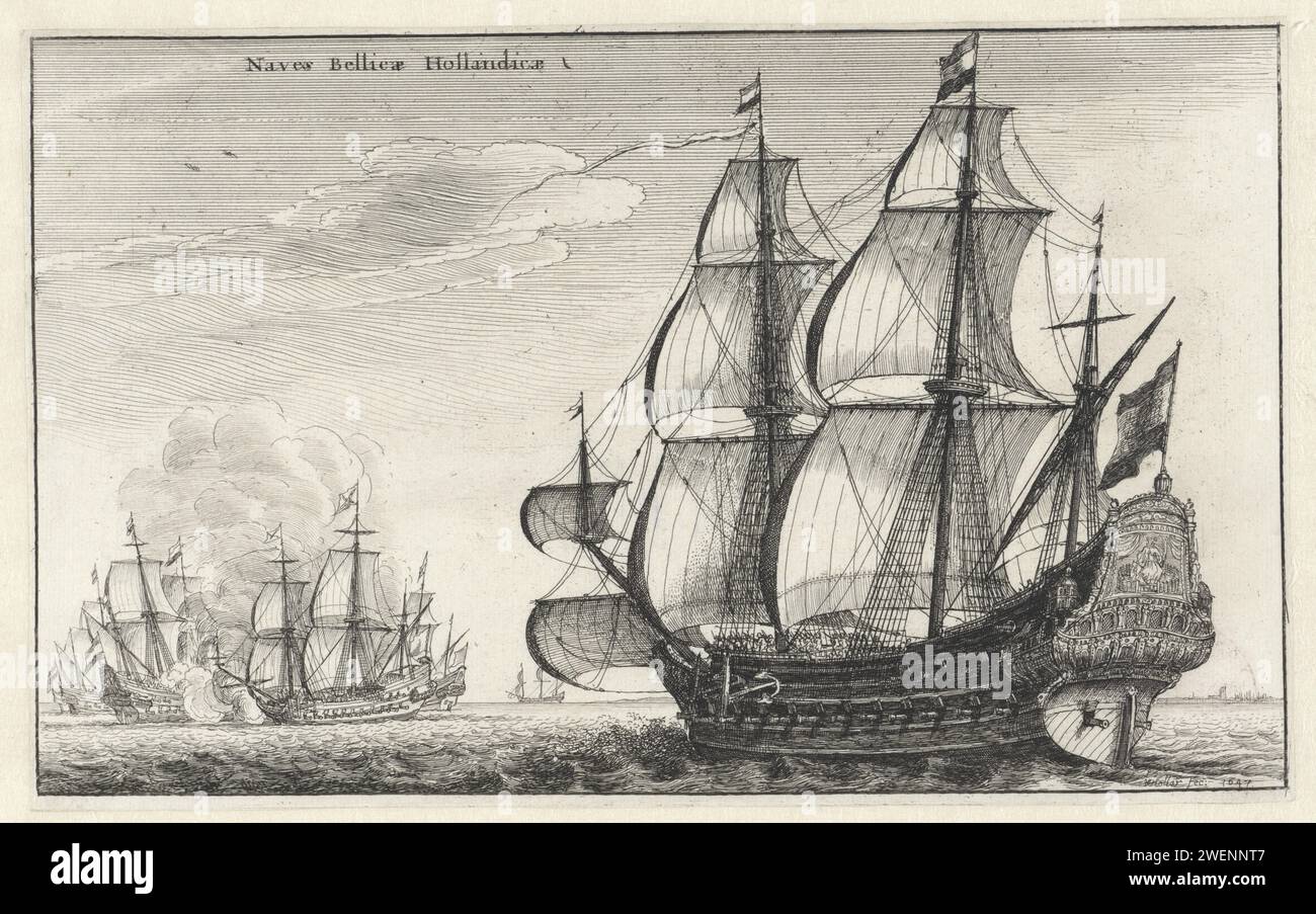 Dutch warship is approaching a sea battle, Wencslaus Hollar, 1647 print paper etching battle ...