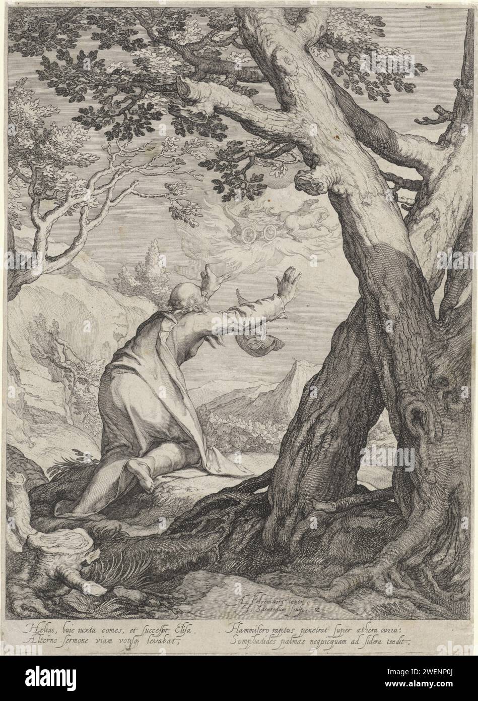 Elia leaves the world in a fiery car and leaves his cloak behind for Elisa, Jan Saenredam, after ...