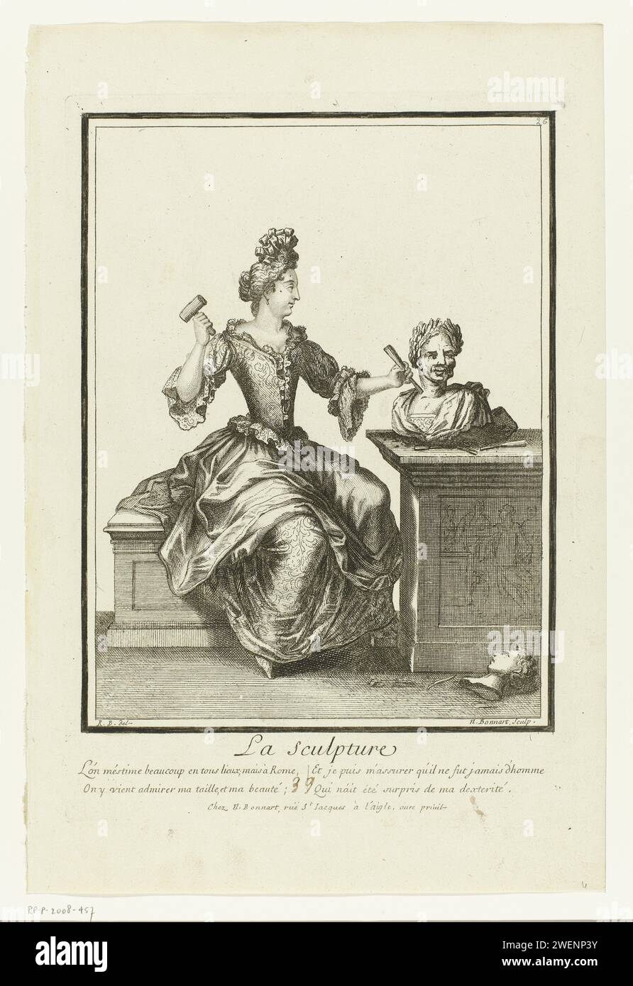 Sculpture, 1647 - 1718 print Sitting woman, with a hammer and chisel ...