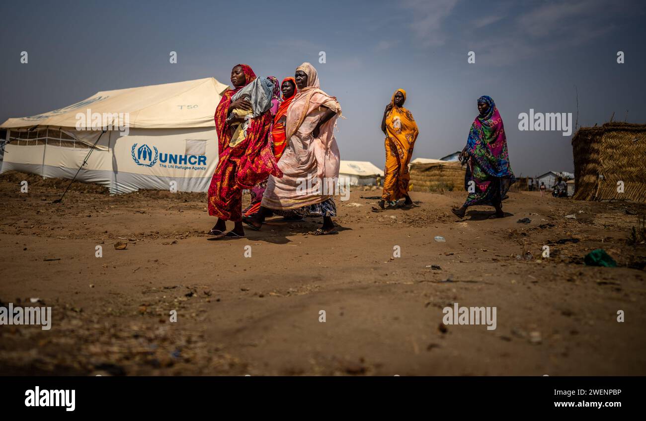 Juba, South Sudan. 26th Jan, 2024. Refugee women walk in the Gorom ...