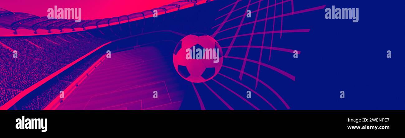 Banner. Pink and purple duotone image of soccer ball in net at stadium ...
