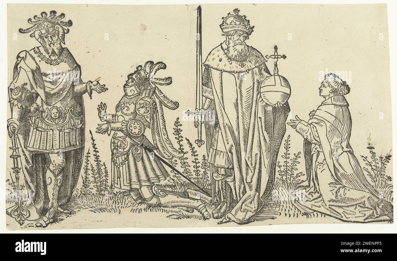 King Arthur with knight and emperor Charlemagne with priest, Anonymous ...