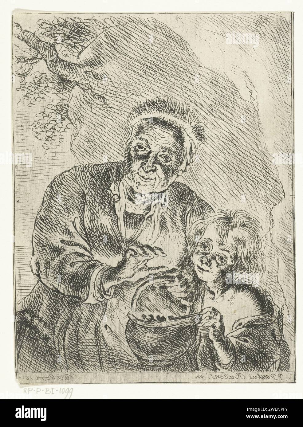 Old woman warms up with a child with glowing coals, Matthys van den ...