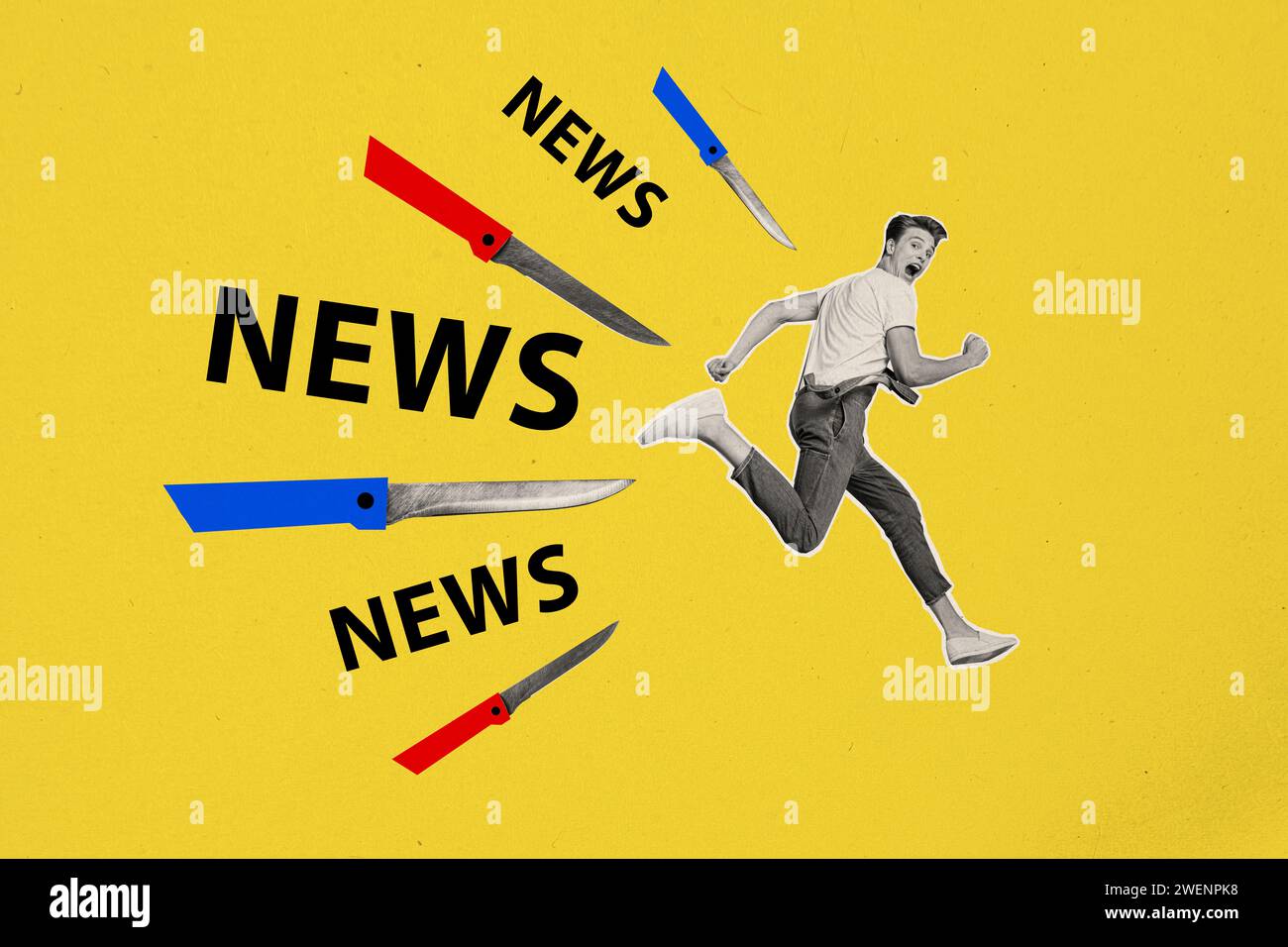 Creative art collage of young funny guy scared running away from fake ...