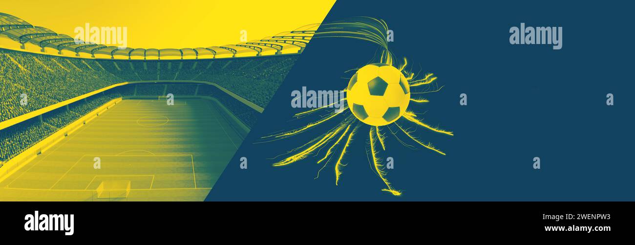 Banner. Green-yellow duotone image of soccer ball in net at stadium ...