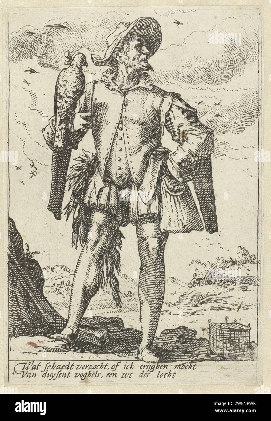 Air, 1590 - 1600 print A falconer with a falcon on the arm in a hilly ...