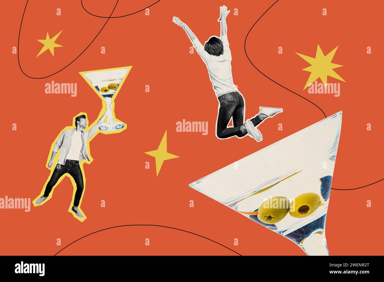 Creative trend collage of funny people jump enjoy party disco alcohol ...