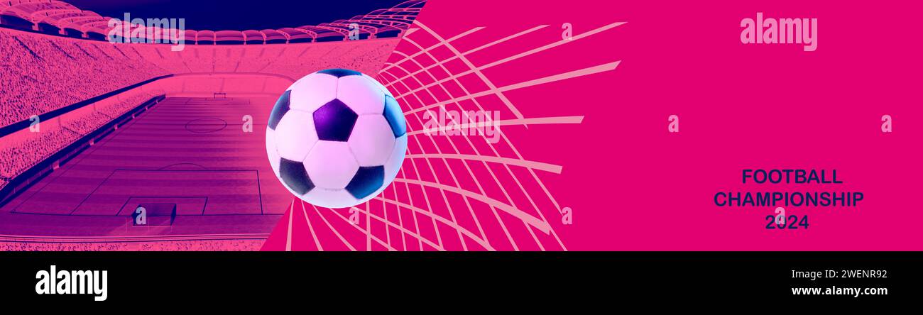 Banner. vibrant pink and purple stadium and black and white soccer ball ...