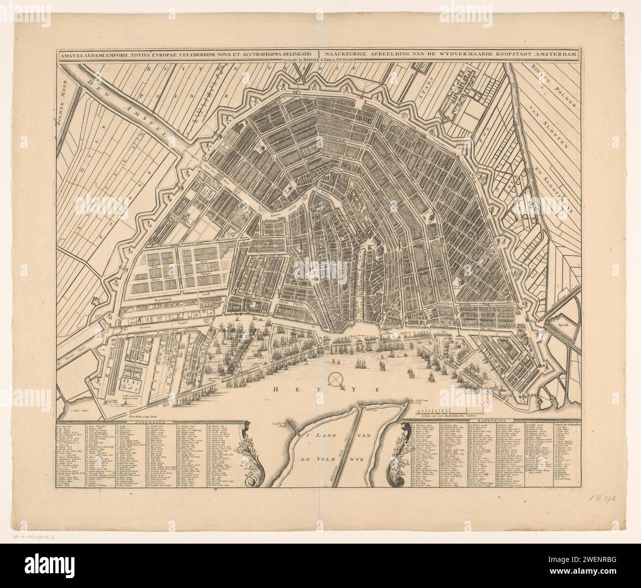 Map of Amsterdam, Anonymous, 1726 - 1750 print Map in a nutshell perspective. Along the top the ...